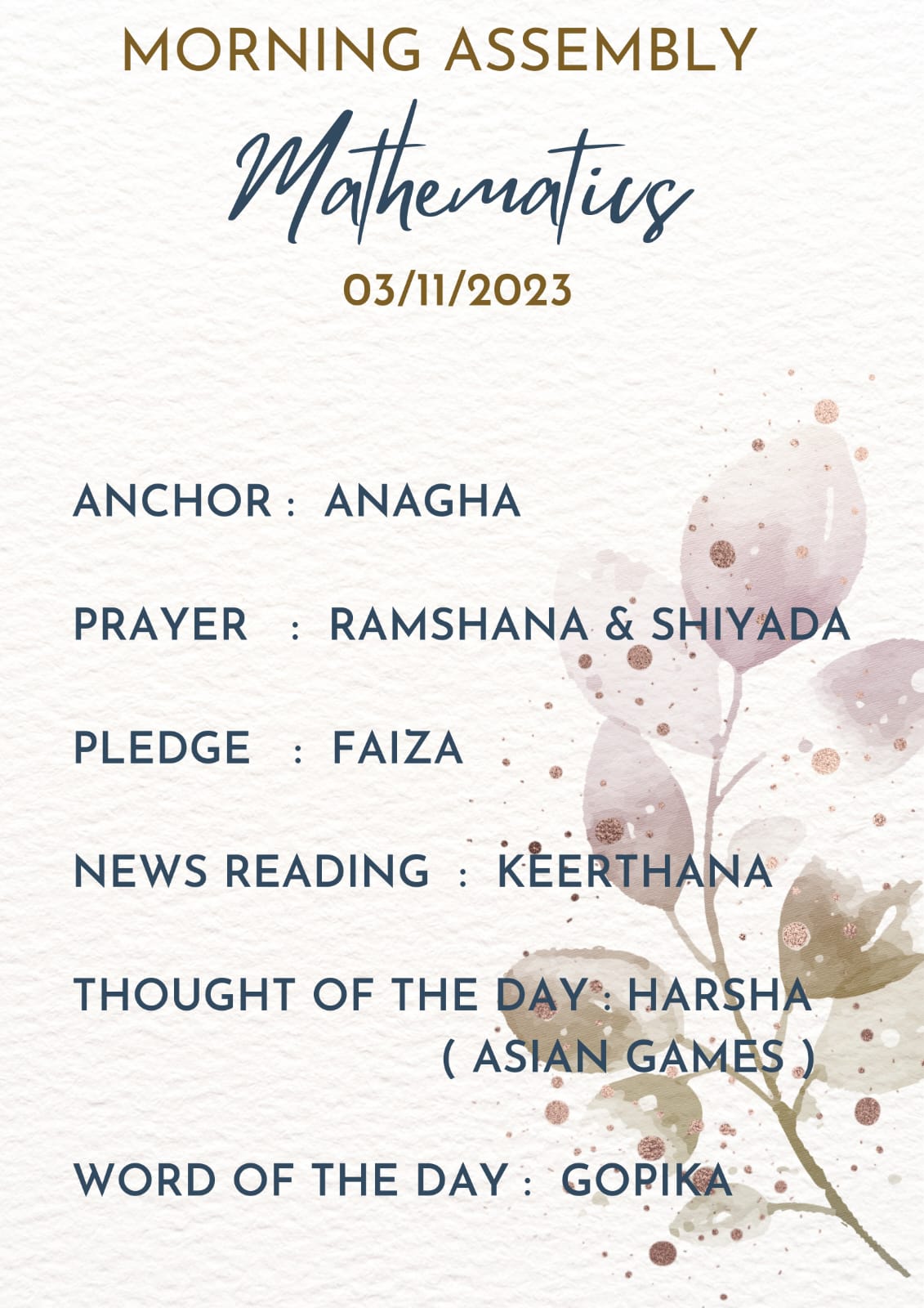 Morning Assembly- 3rd Nov 2023 - KANNUR SALAFI B.Ed. COLLEGE